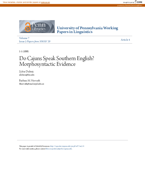 (PDF) Do Cajuns Speak Southern English? Morphosyntactic Evidence