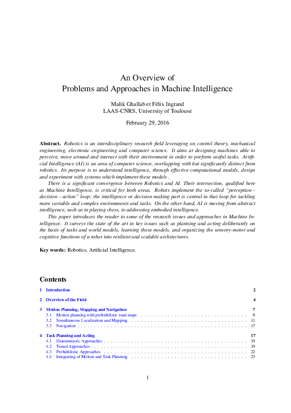 (PDF) An Overview of Problems and Approaches in Machine Intelligence