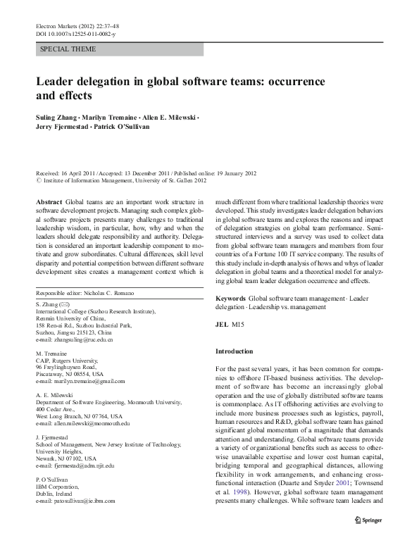 (PDF) Leader delegation in global software teams: occurrence and effects