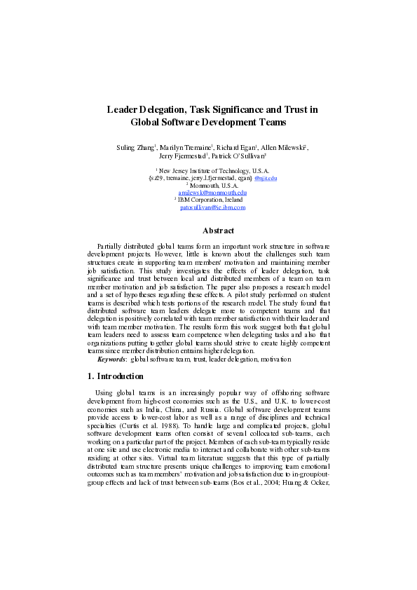 (PDF) Leader Delegation, Task Significance, and Trust in Global Software Development Teams