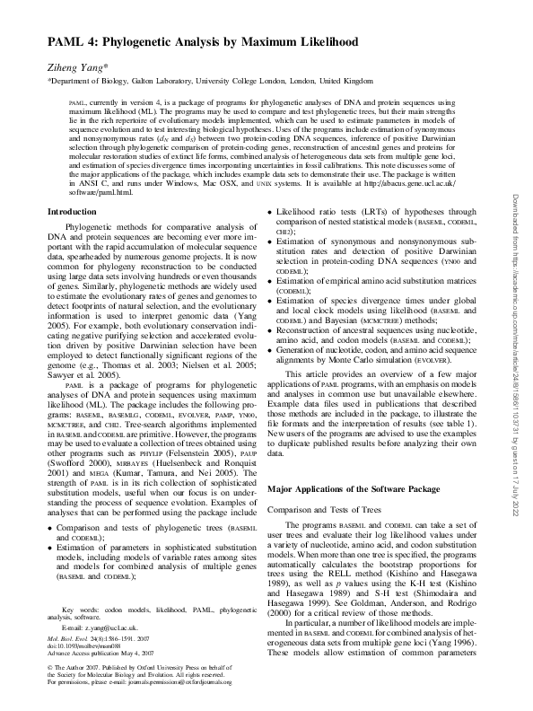 (PDF) PAML 4: Phylogenetic Analysis by Maximum Likelihood