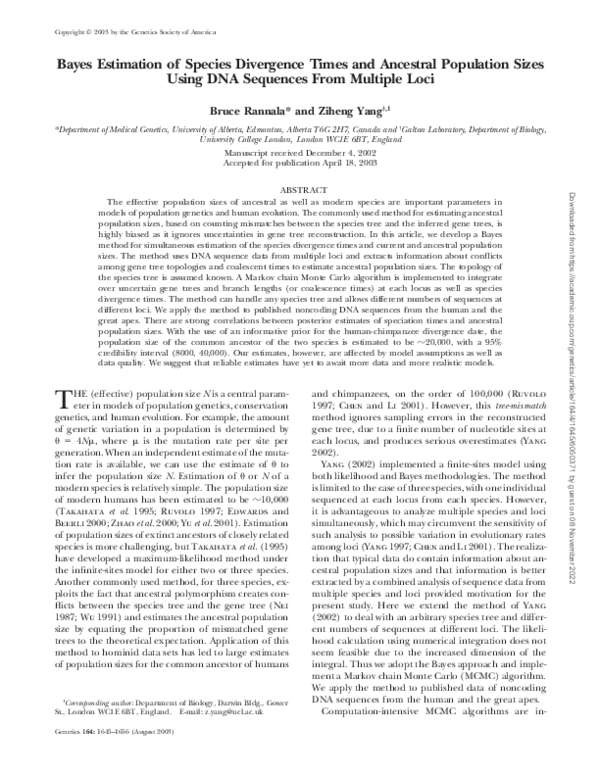 (PDF) Bayes Estimation of Species Divergence Times and Ancestral Population Sizes Using DNA ...