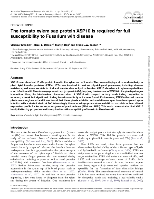 (PDF) The tomato xylem sap protein XSP10 is required for full susceptibility to Fusarium wilt ...