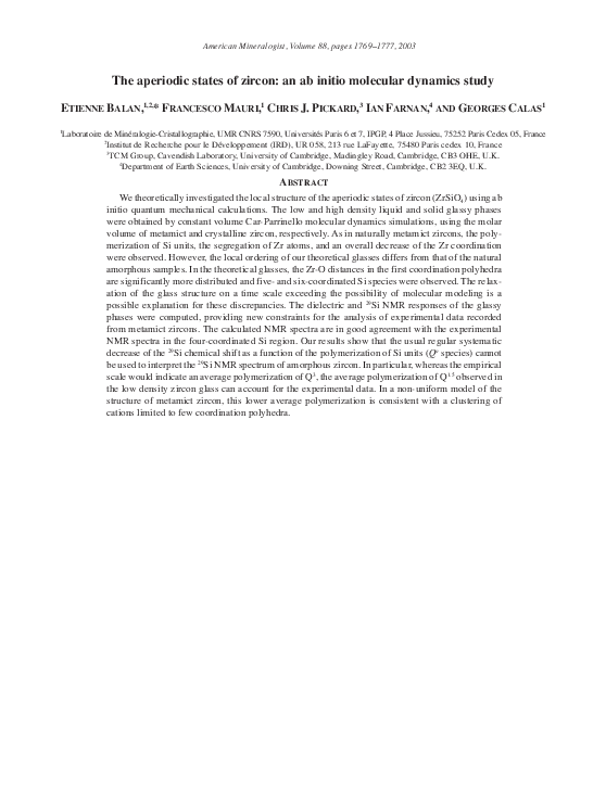 (PDF) The aperiodic states of zircon: an ab initio molecular dynamics ...