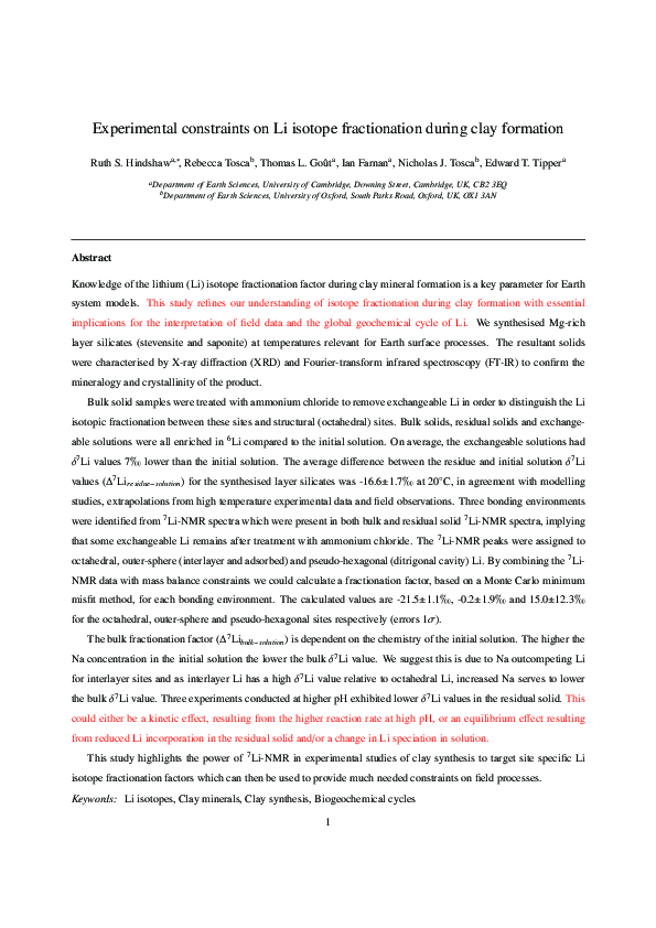(PDF) Experimental constraints on Li isotope fractionation during clay ...