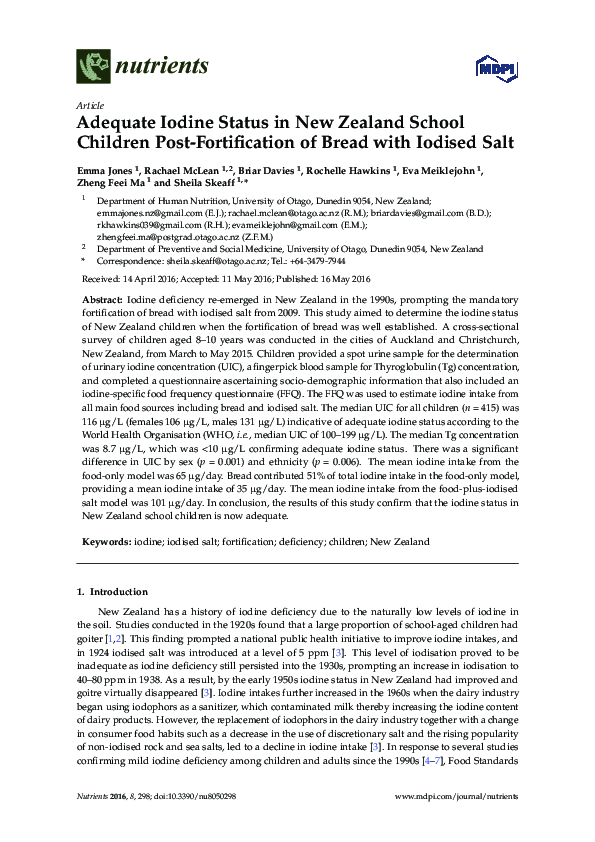 (PDF) Adequate Iodine Status in New Zealand School Children Post ...