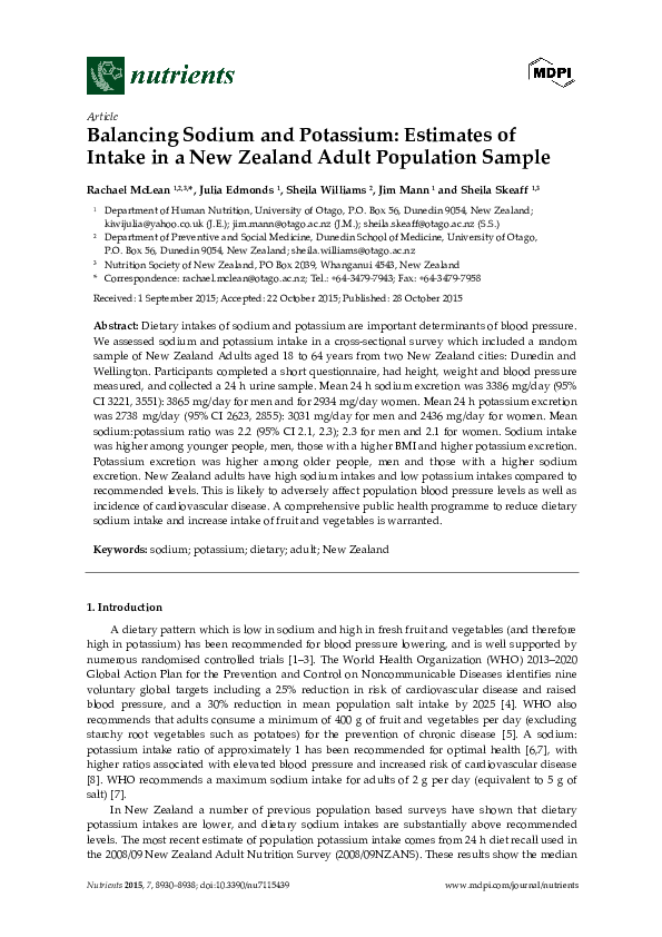 (PDF) Balancing Sodium and Potassium: Estimates of Intake in a New ...