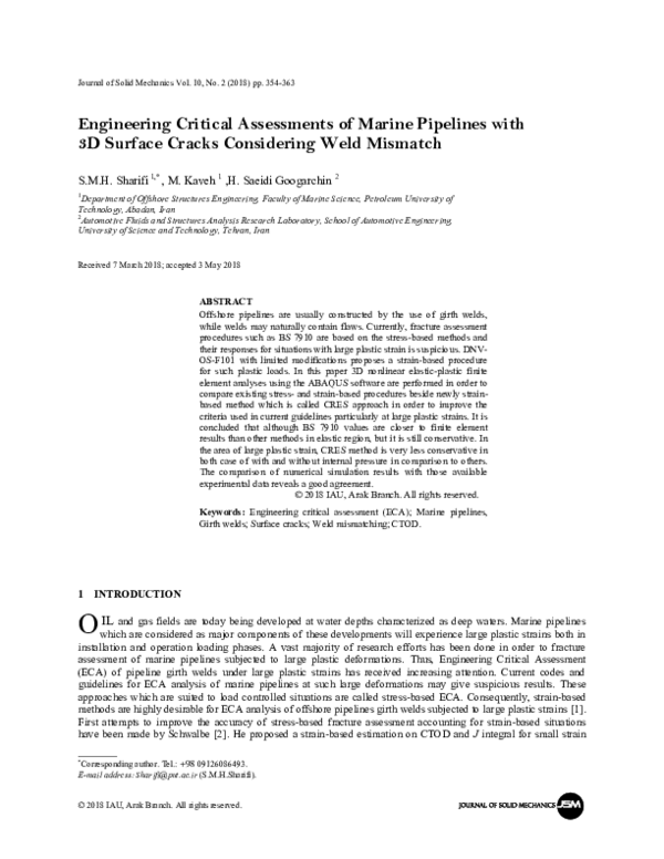 (PDF) Engineering Critical Assessments of Marine Pipelines with 3D Surface Cracks Considering ...