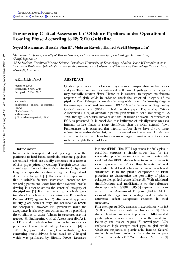 (PDF) Engineering Critical Assessment of Offshore Pipelines under Operational Loading Phase ...