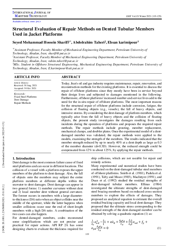 (PDF) Structural Evaluation of Repair Methods on Dented Tubular Members Used in Jacket Platforms
