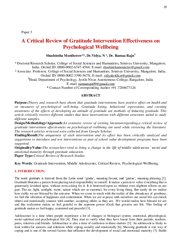 (PDF) A Critical Review of Gratitude Intervention Effectiveness on Psychological Wellbeing