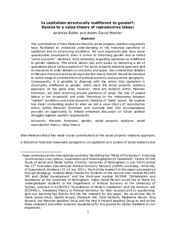 (PDF) Is capitalism structurally indifferent to gender?: Routes to a ...