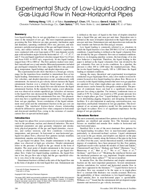 (PDF) Experimental Study of Low Liquid Loading Gas-Liquid Flow in Near-Horizontal Pipes
