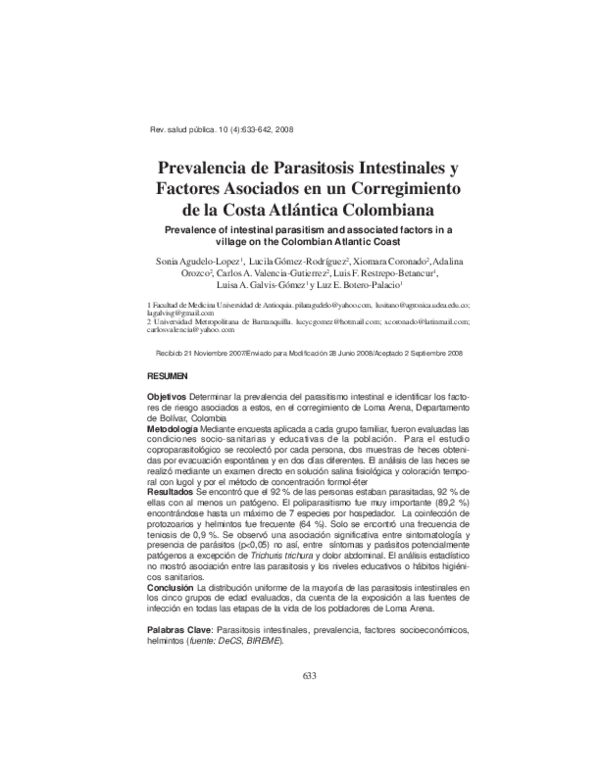 (PDF) Prevalencia de Parasitosis Intestinales y Factores Asociados en ...