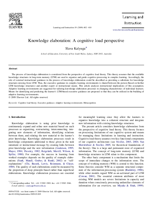 (PDF) Knowledge elaboration: A cognitive load perspective