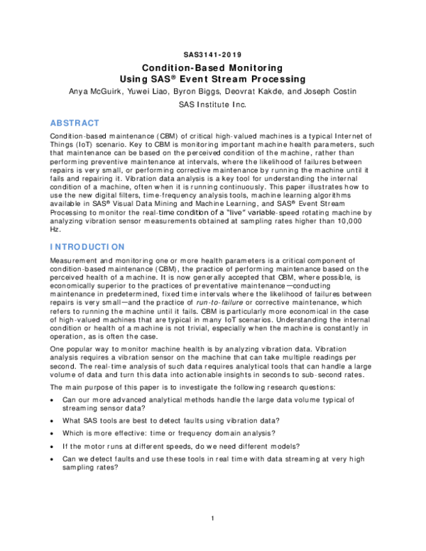 (PDF) Condition-Based Monitoring Using SAS® Event Stream Processing