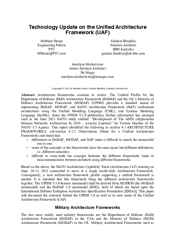Pdf Technology Update On The Unified Architecture Framework Uaf