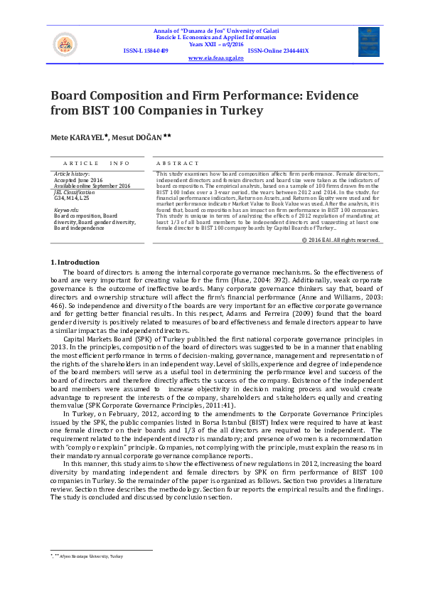 (PDF) Board Composition and Firm Performance: Evidence from BIST 100 Companies in Turkey
