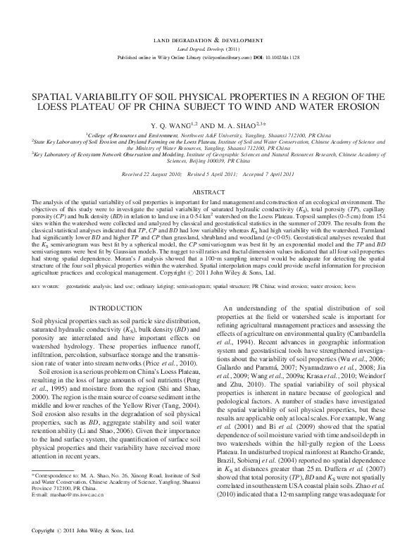 (PDF) Spatial Variability of Soil Physical Properties in a Region of the Loess Plateau of PR ...
