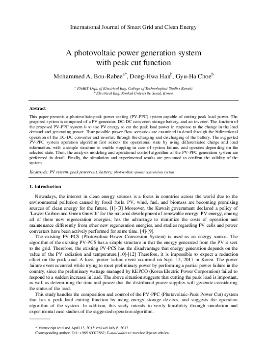 (PDF) A photovoltaic power generation system with peak cut function