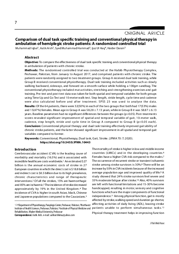 (PDF) Comparison of dual task specific training and conventional ...