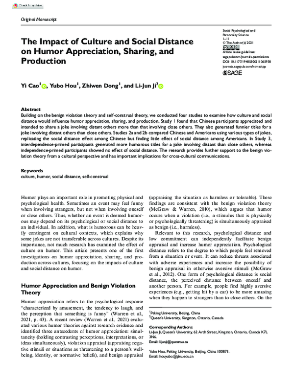 (PDF) The Impact of Culture and Social Distance on Humor Appreciation ...