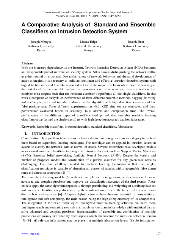Pdf A Comparative Analysis Of Standard And Ensemble Classifiers On Intrusion Detection System