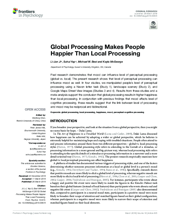 (PDF) Global Processing Makes People Happier Than Local Processing