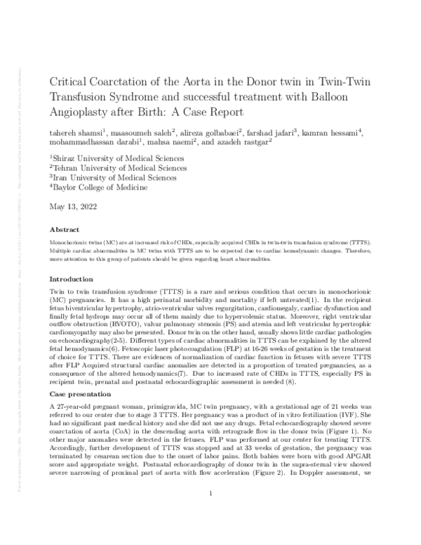 (PDF) Critical Coarctation of the Aorta in the Donor twin in Twin-Twin ...