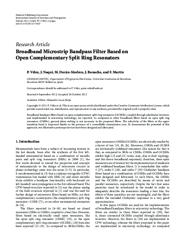 (PDF) Broadband Microstrip Bandpass Filter Based on Open Complementary Split Ring Resonators