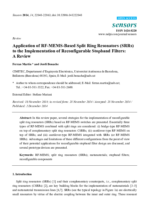 (PDF) Review of RF-MEMS Split Ring Resonators for Reconfigurable Filters