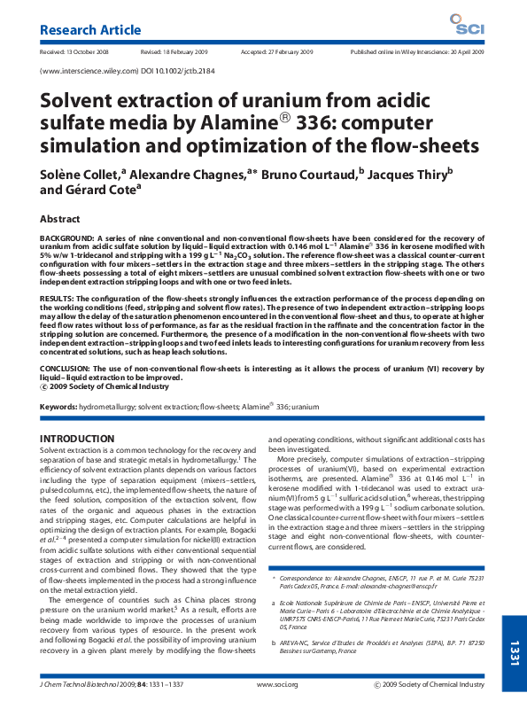 (PDF) Solvent extraction of uranium from acidic sulfate media by Alamine®336: computer ...