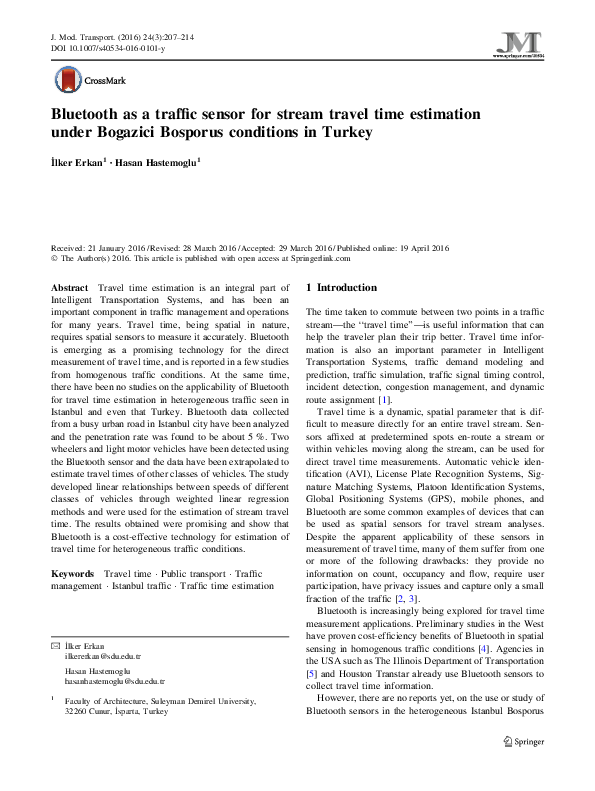 (PDF) Bluetooth as a traffic sensor for stream travel time estimation under Bogazici Bosporus ...