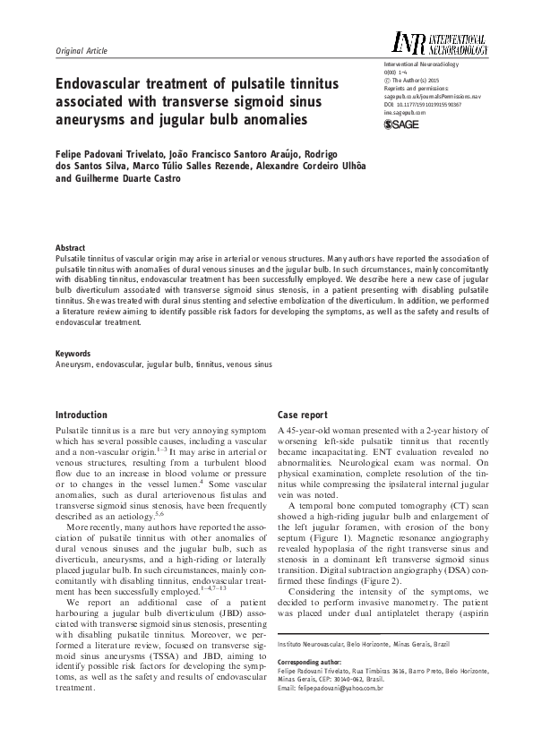 (PDF) Endovascular treatment of pulsatile tinnitus associated with transverse sigmoid sinus ...