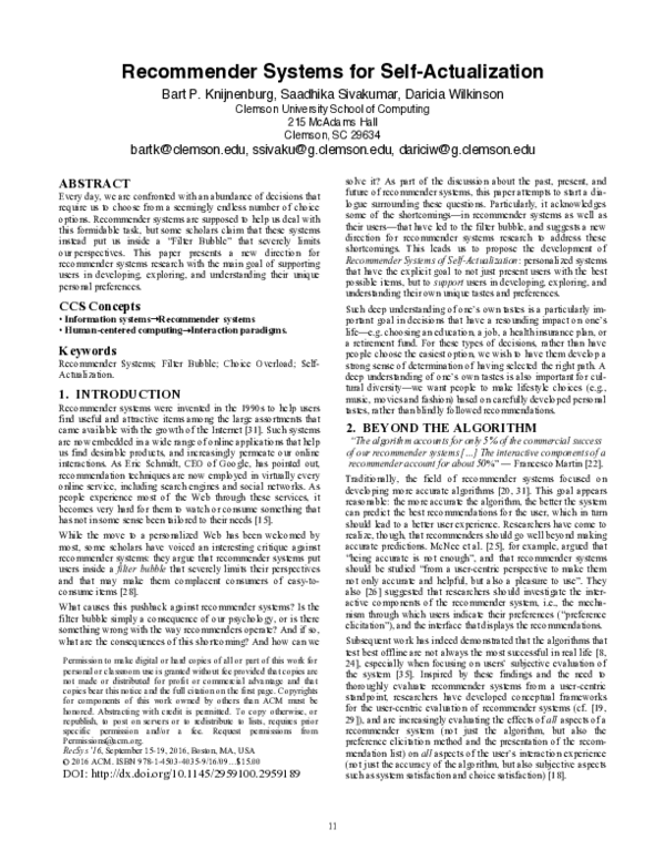 (PDF) Recommender Systems for Self-Actualization
