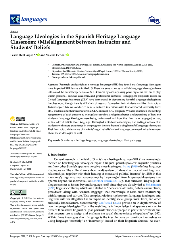 (PDF) Language Ideologies in the Spanish Heritage Language Classroom ...