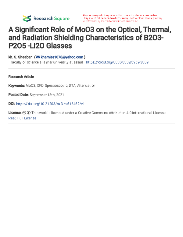 (PDF) A Significant Role of MoO3 on the Optical, Thermal, and Radiation Shielding ...