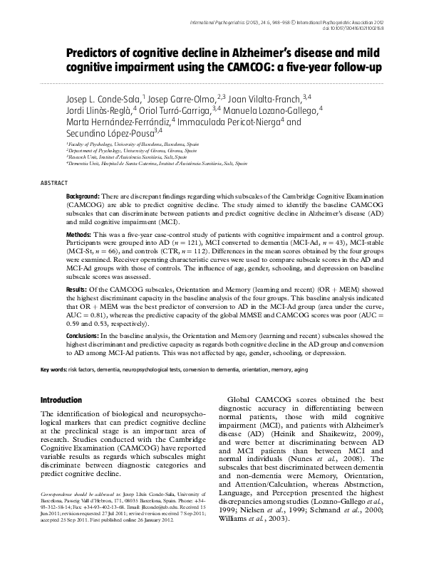 (PDF) Predictors of cognitive decline in Alzheimer's disease and mild ...