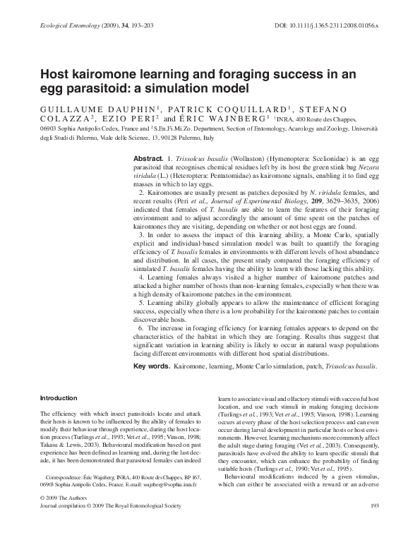 (PDF) Host kairomone learning and foraging success in an egg parasitoid ...