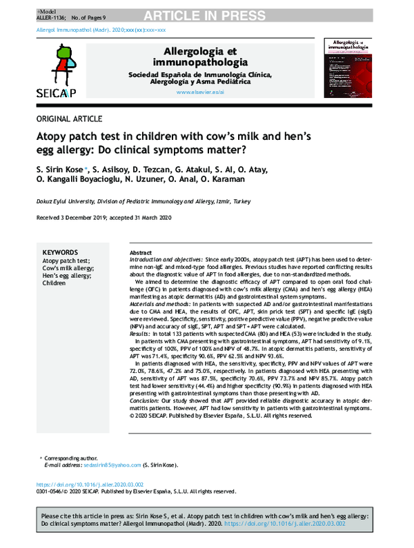 (PDF) Atopy patch test in children with cow's milk and hen's egg ...