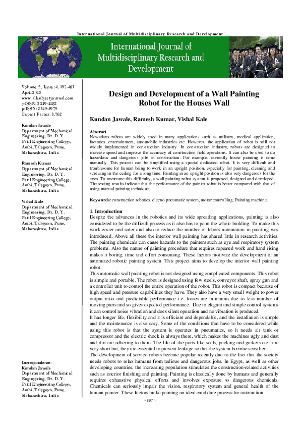 (PDF) Design and Development of a Wall Painting Robot for the Houses Wall