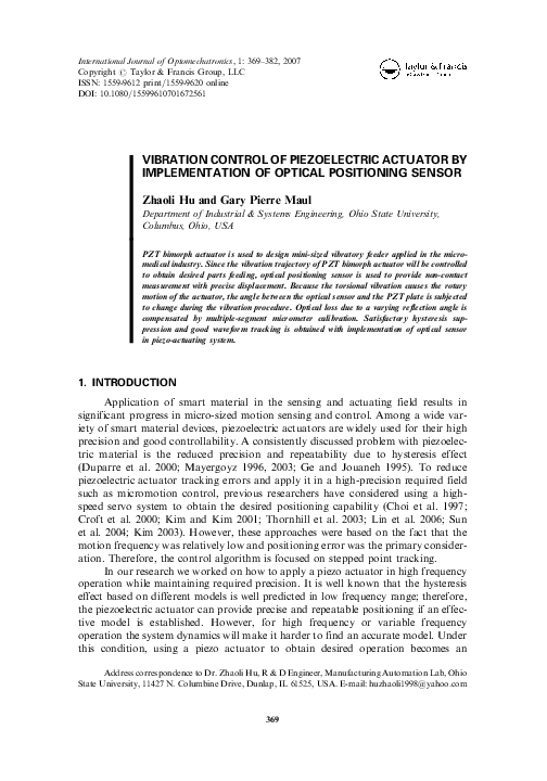 Pdf Vibration Control Of Piezoelectric Actuator By Implementation Of Optical Positioning Sensor
