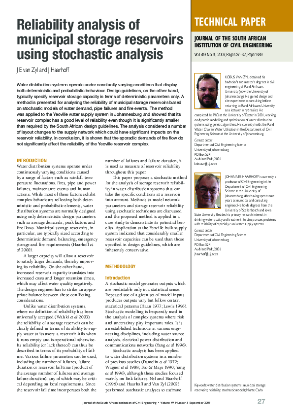 (PDF) Reliability analysis of municipal storage reservoirs using stochastic analysis