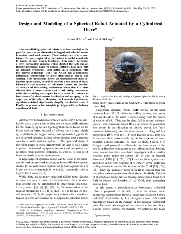 (PDF) Design and Modeling of a Spherical Robot Actuated by a ...