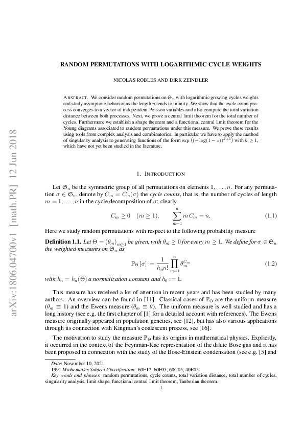 (PDF) Random permutations with logarithmic cycle weights | NICOLAS CABRERA ROBLES - Academia.edu