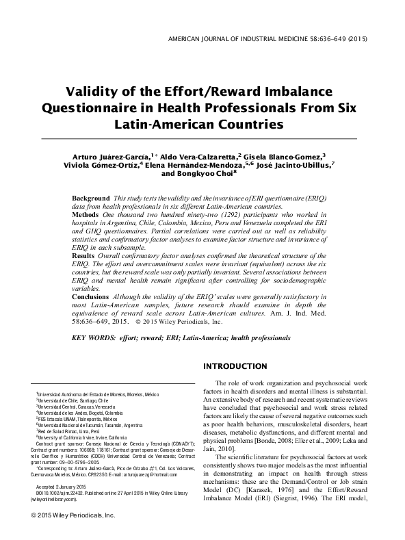 (PDF) Validity of the effort/reward imbalance questionnaire in health ...