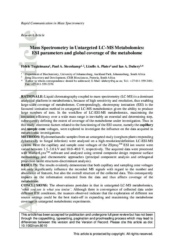 (PDF) Mass Spectrometry in Untargeted LC-MS Metabolomics: ESI parameters and global coverage of ...