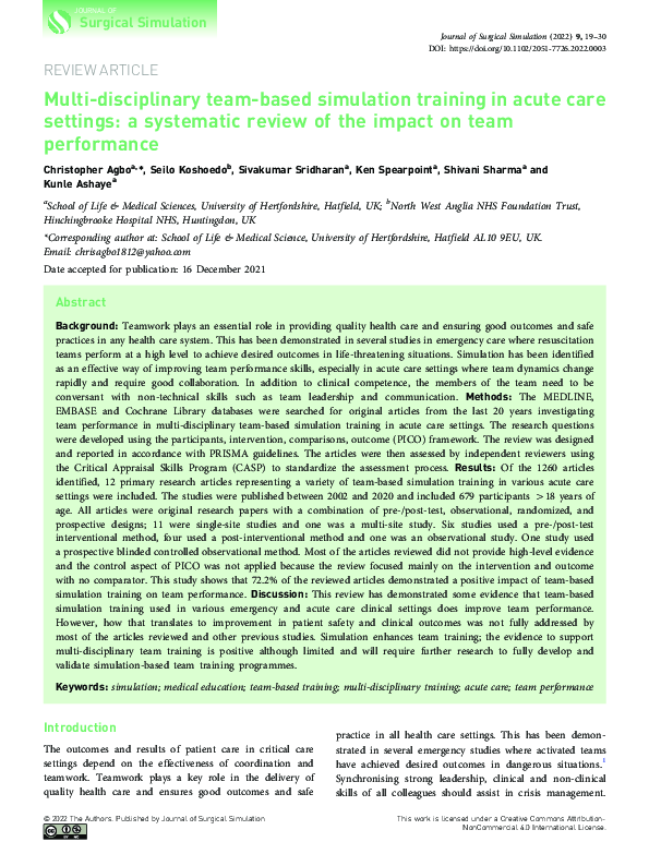 (PDF) Multi-disciplinary team-based simulation training in acute care ...