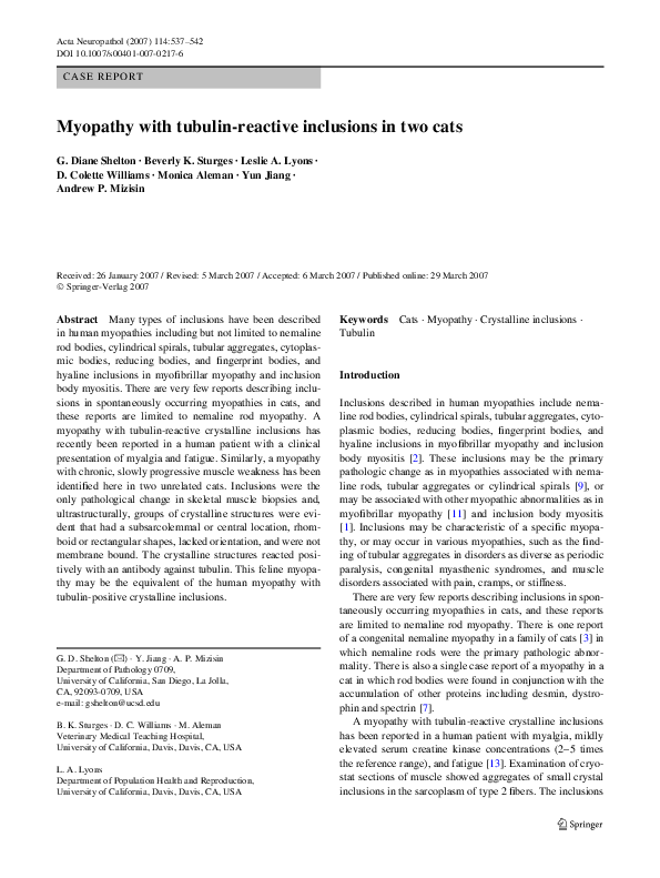 (PDF) Myopathy with tubulin-reactive inclusions in two cats