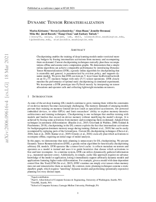 Pdf Dynamic Tensor Rematerialization 